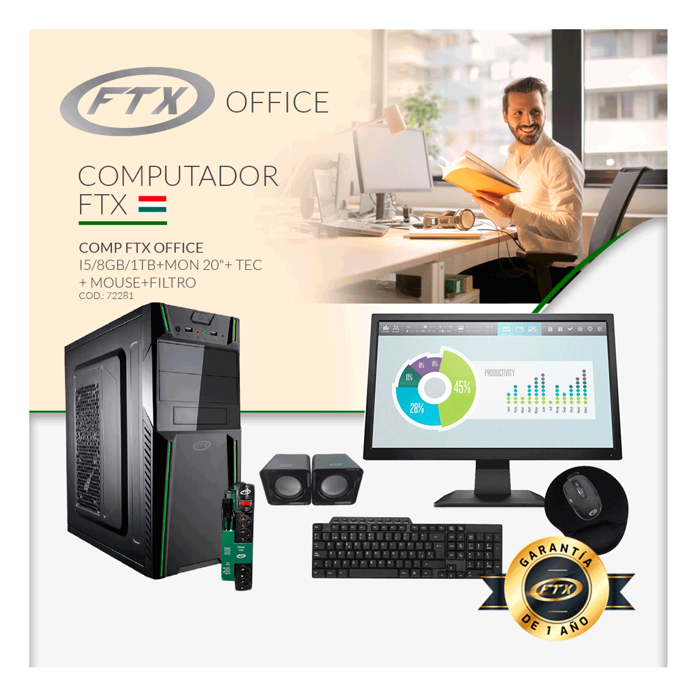 COMPUTADORA FTX OFFICE I5/8GB/1TB+ MON 19" + TECLADO+ MOUSE+ FILTRO DE LINEA - Mercado Digital